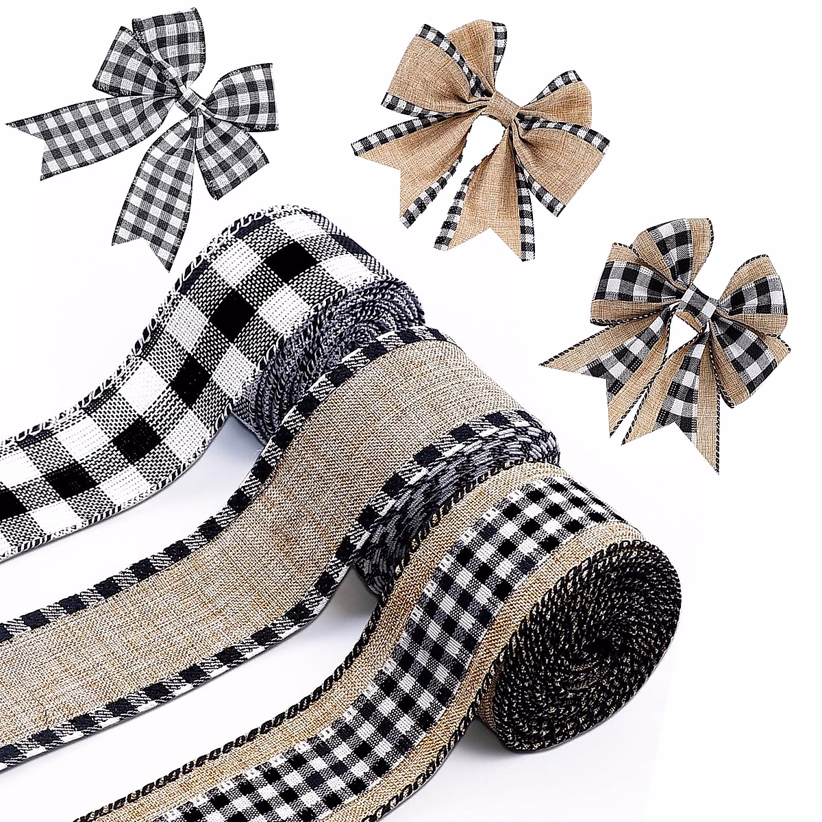 3 Rolls Buffalo Plaid Ribbons in All 18 Yards 2.5 inch Width Burlap Ribbon Christmas Checked Burlap Ribbon ，Black and White Checkered Ribbon ，for Crafts DIY Garland，Bows Crafts Decoration