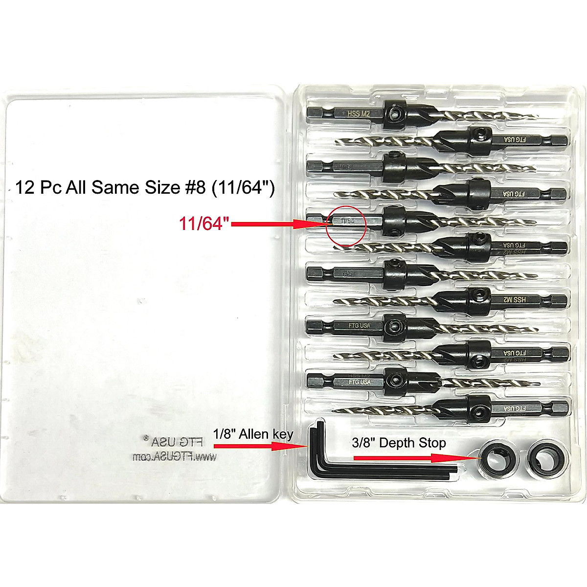 FTG USA Countersink Drill Bit Set for Wood with Tapered Drill Bit 12 Pc #8 (11/64")