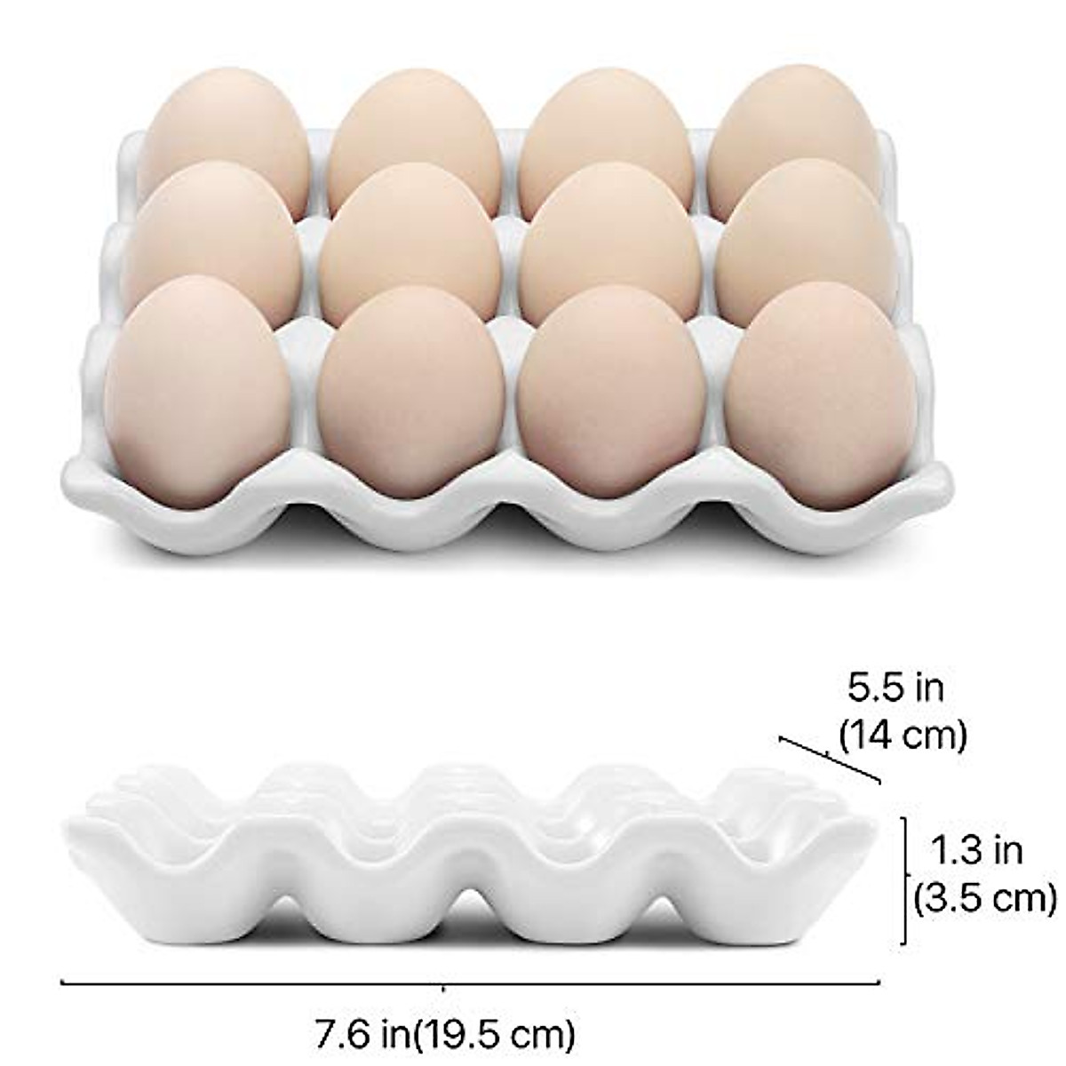 Flexzion Ceramic 12 Cups Egg Tray - Whole Dozen Porcelain Egg Holder Container Keeper Storage Organizer Decorative Serving Stand Serveware for Refrigerator Fridge Countertop Display Kitchen (White)
