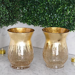 Tableclothsfactory Pack of 2 8" Tall Handmade Gold Foil Crackle Glass Vases Hurricane Candle Holders