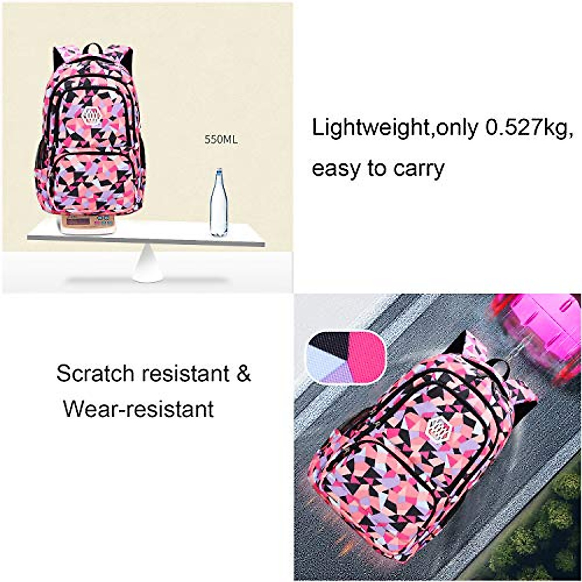 JiaYou Girl Geometric Printed Primary Junior High University School Bag Bookbag 3pcs Backpack Sets(2# Black-3pcs,35 L)