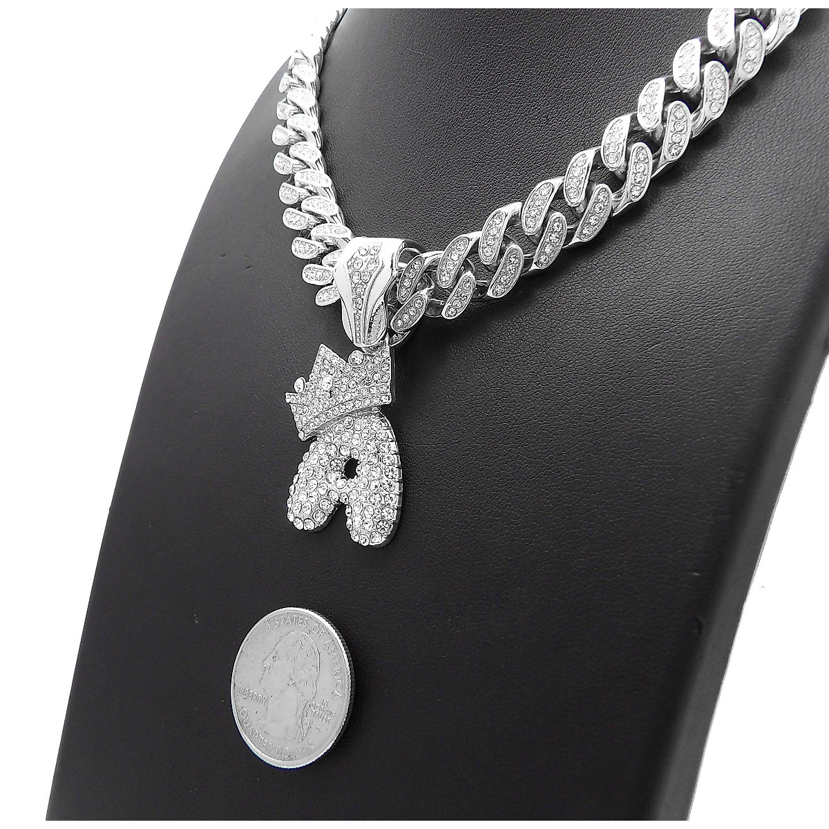 BLINGFACTORY Hip Hop White Gold PT Bubble Alphabet Initial A Pendant & 16" ~ 24" Iced Cuban Box Lock Chain Necklace (Pendant & 16" Chain)