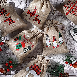 24 Pieces Christmas Burlap Gift Bags Christmas Treat Bags with Drawstrings Small Christmas Gift Goody Bags for Xmas Holiday New Year Party Favors Supplies, 12 Designs (7 x 5 Inch,Rustic Style)