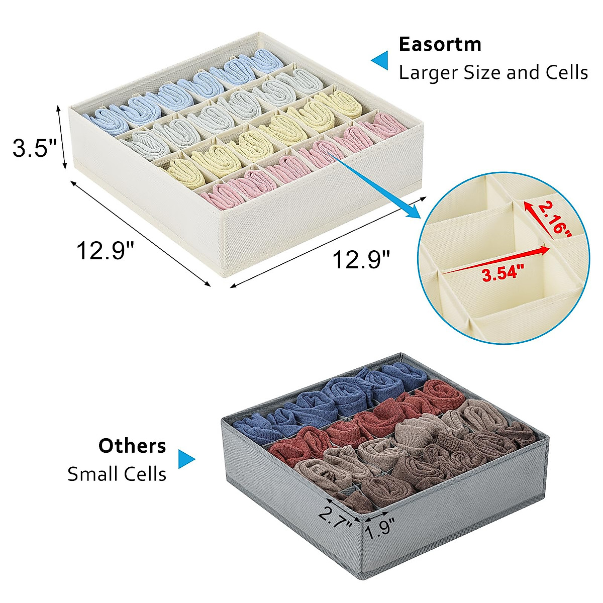 Easortm Sock Organizer 4 Pack, Large Sock Drawer Divider, Underwear Storage 24 Cell Closet Organizers and Storage for Wardrobes, Drawers. (Beige)