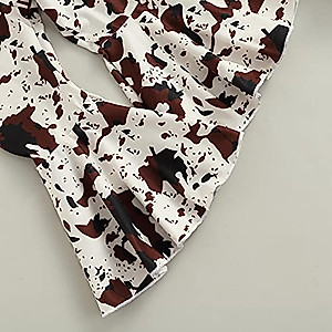 Toddler Baby Girls Outfit Ruffle Long Sleeve Dress Shirt Tops+Flared Pants+Scarf 3Pcs Fall Winter Clothes (Cow print-Brown, 12-18 Months)