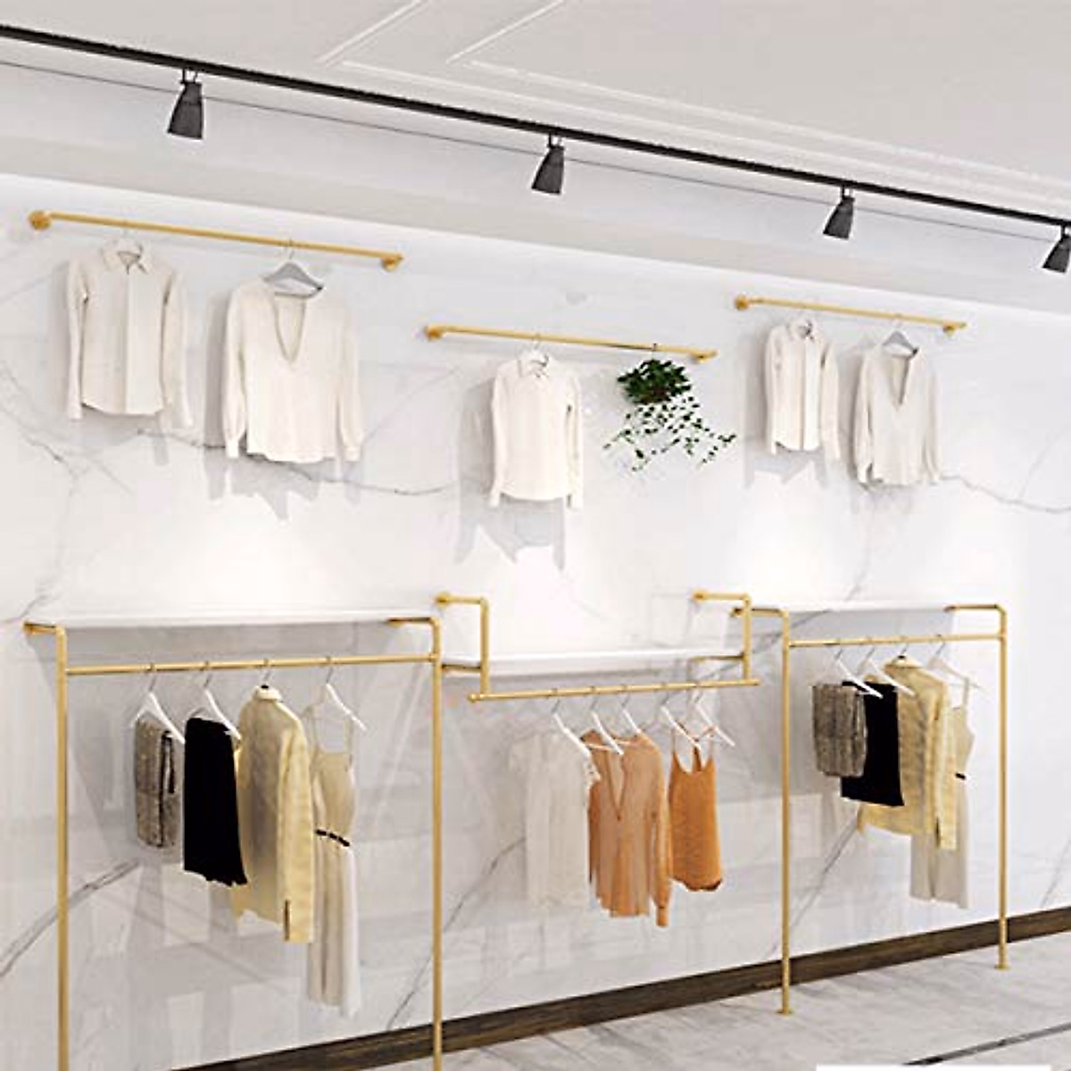 Ethemiable Simple Metal Wood Clothing Store Display Stands, Entrance Porch Organization Hanging Garment Rack,Wall Mounted Storage Clothes Shoe Bag Pipe Shelf, Home Bookcase Towel Rack (Gold, 59" L)