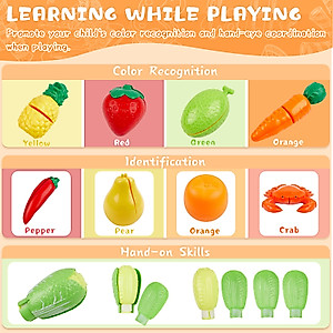 FLMRIOY 77 Pcs Cutting Play Food Toys for Kids Kitchen Accessories Peel & Cut Fruits and Vegetables Pretend Role Play Set with Storage Basket Fake Food Toys for Toddlers Children's Day Gift