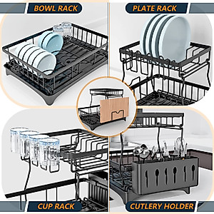 FUNNy elf Dish Drying Rack, 2-Tier Large Dish Racks for Kitchen Counter, Rust-Proof Dish Drainer with Drying Board , Stainless Steel Dish Rack with Removable Utensil Holder