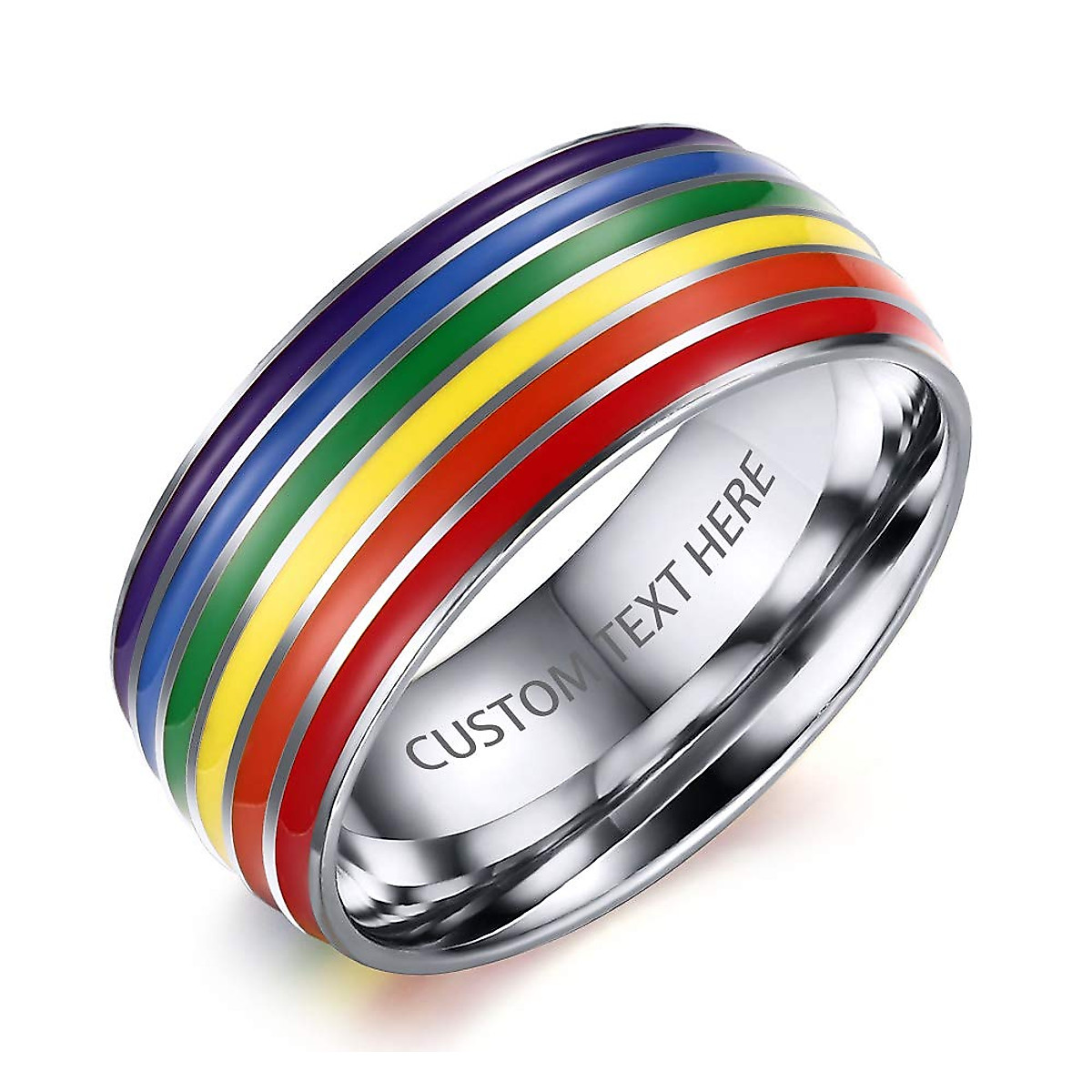 VNOX Custom Personalized Stainless Steel Gay Pride Rainbow Relationship Engagement Rings Weeding Band for Gay Lesbian Couples,Size 9