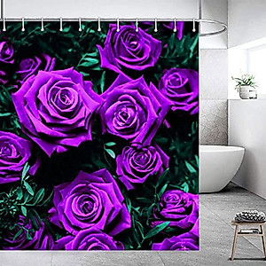 MrLYouth Many Purple Rose Shower Curtain Sets with Rugs 4Pcs Waterproof Polyester Durable Bathroom Non-slip Bath Mat and Toilet Lid Cover Botanical Floral 12 Hooks 71x71inch