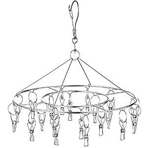 CenYouful Stainless Steel Round Hanging Drying Rack with 20 Clips for Drying Socks, Baby Clothes, Bras, Towel, Underwear, Hat, Scarf, Pants, Gloves