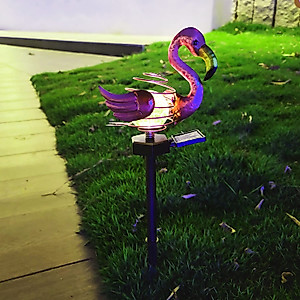 JUYUAN Flamingos Metal Figurine Lights Pink, Outdoor Solar Garden Lights, Pathway Lights Rain Proof Decorative Birds Statues for Garden, Yard, Patio, Landscape, Pathway, House Around (1/Pack)