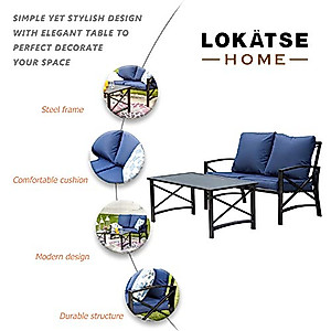 LOKATSE HOME 2 Pieces Patio Loveseat Metal Frame with Coffee Table Outdoor Bistro Furniture Set for Lawn Porch Garden Yard Poolside, Blue