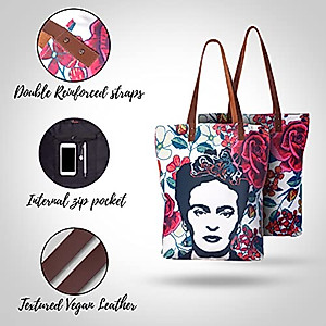 Akitai Frida Kahlo Inspired White Portrait Buenos Aires Mural Floral Tote Bag Relaxed - Shoulder - Great For Shopping, Travelling, and Days Out – Boho - Handbag - Art Bag in the Image of Frida Kahlo