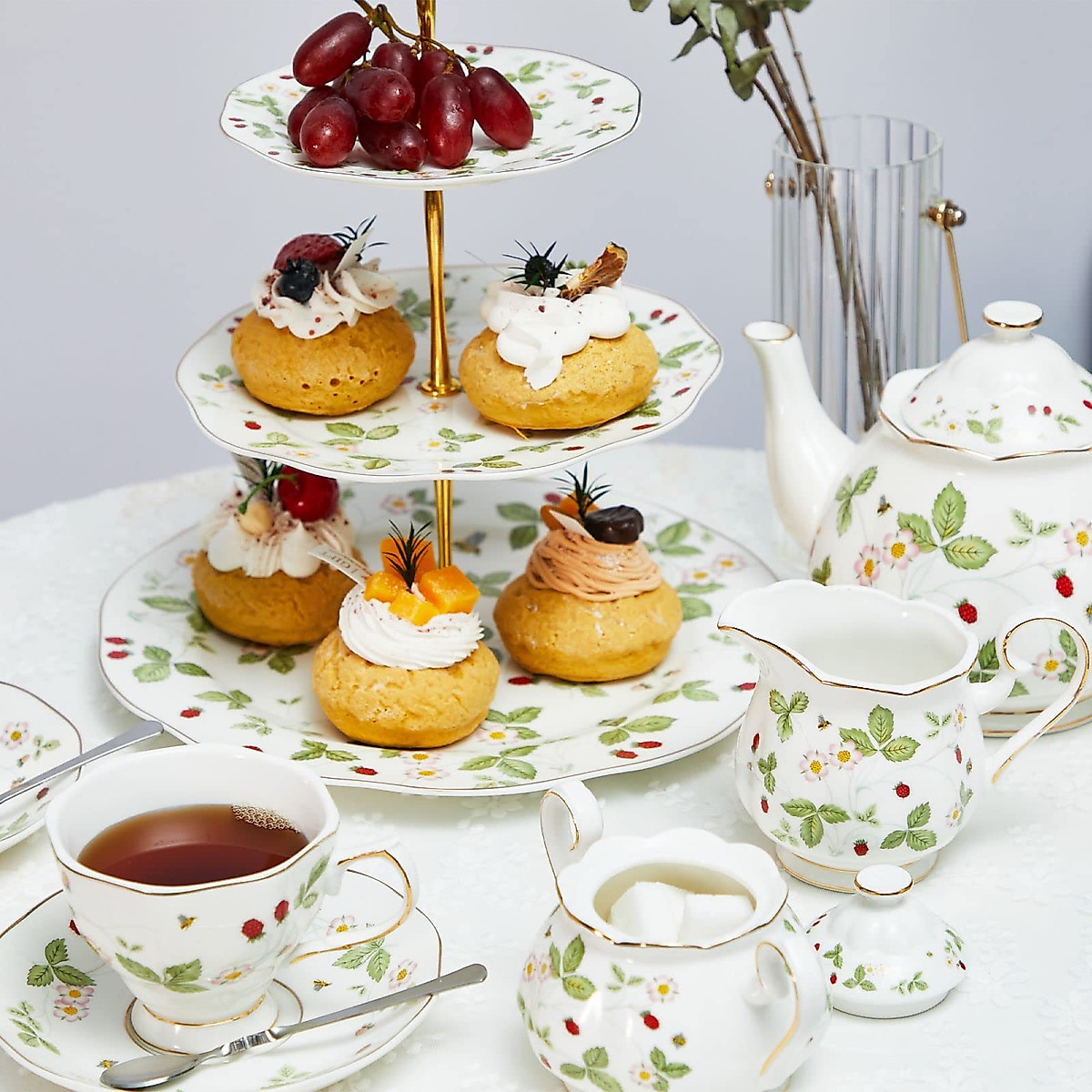 MOSTDEN 3-Tier Ceramic Cake Stand/Cupcake Stand/Dessert Stand/Tea Party Pastry Serving Platter/Food Display with A Serving Tong (Mulberry)