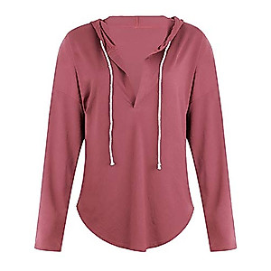 RANLUP Womens V Neck Long Sleeve Casual Loose Tshirts Plain Drawstring Sweatshirts Hoodies Tops Blouses Pink Red