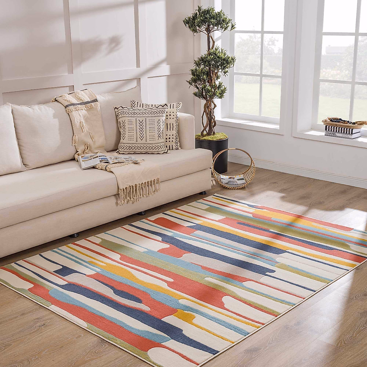 Hauteloom Southfields Modern Farmhouse Contemporary Door Mat Multicolor Small Area Rug - Colorful Rainbow Striped Modern Rug Carpet - Red, Yellow, Blue, Green - 2' x 3'