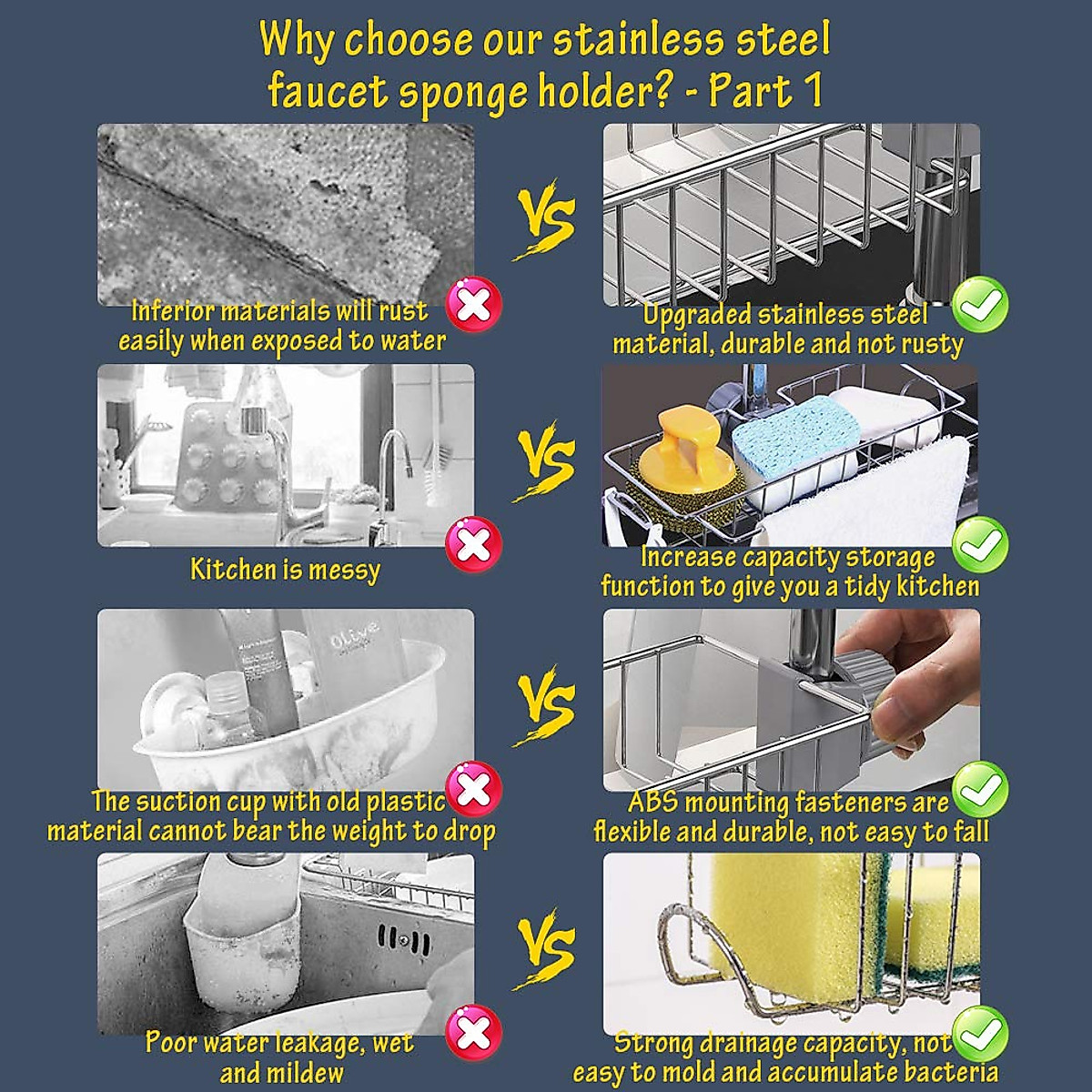 Faucet Rack Over Faucet Sponge Holder Faucet Caddy Faucet Sponge Holder Stainless Steel Sponge Holder for Soap, Scrubber, Towel etc