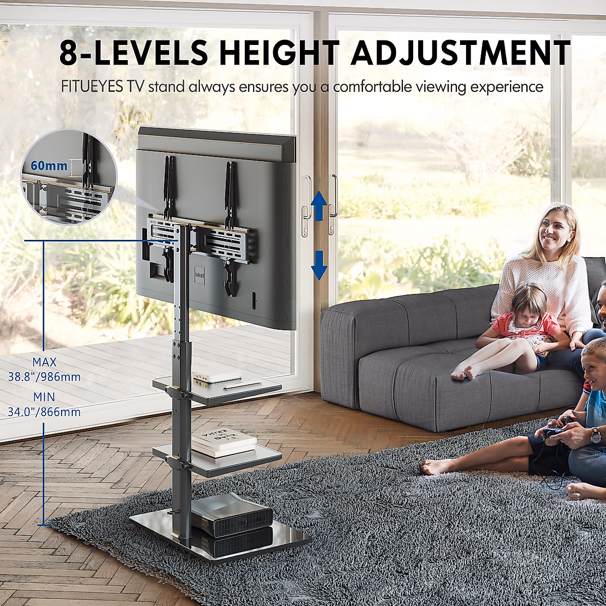 FITUEYES Floor TV Stand for 32 39 40 43 49 50 55 60 Inch TVs, TV Floor Stand with Swivel Mount, Max Holds 66lbs, White Glass Base, Height Adjustable TV Mount for Corner & Bedroom (With 2 Shelf, Black)