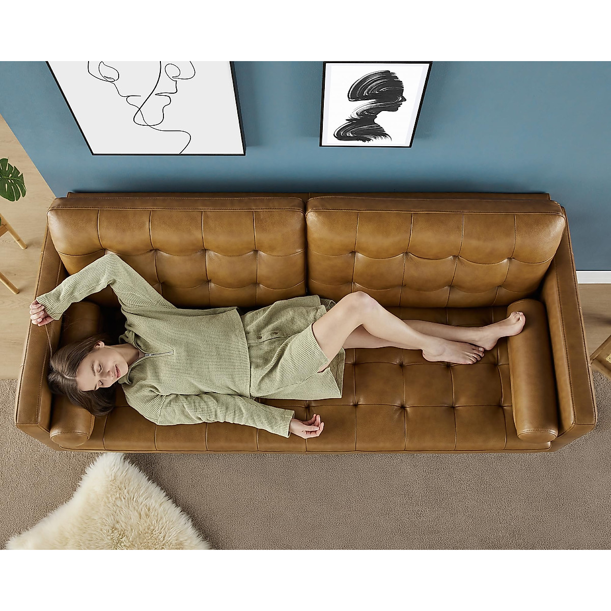 AMERLIFE Genuine Leather Sofa, Mid-Century Modern Leather Couch,3 Seater with Tufted Back, Comfy Sofa for Living Room-Brown Full Grain Leather Couch