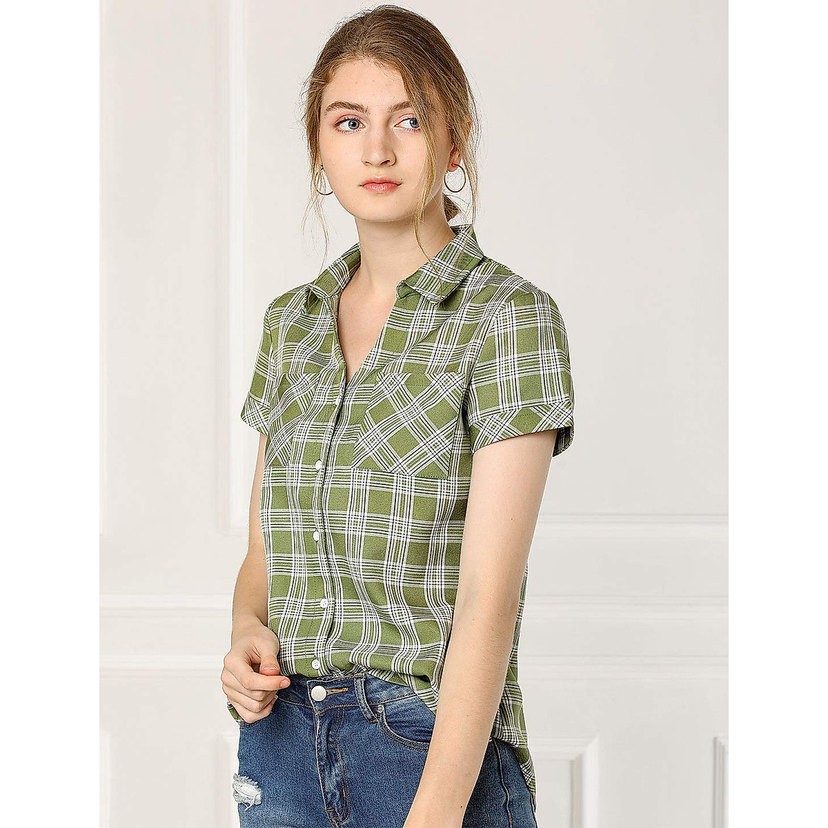 Allegra K Women's Cotton Classic Button Down Western Plaid Shirt Small Light Green