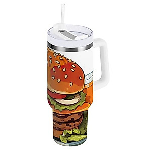 Jihqo Cartoon Burger 40 oz Stainless Steel Vacuum Insulated Tumbler with Handle and Straw Lid, Leakproof Water Bottle Double Wall Travel Mug Coffee Cup, Cupholder Friendly