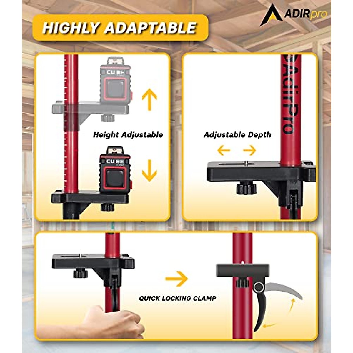 AdirPro Laser Level Pole with Tripod and Mount for Laser Levels, Rotary Lasers & Line Lasers – Telescoping Laser Pole, Mounting Bracket with 1/4”-20 & 5/8-11 Threads, and Adjustable Tripod Stand