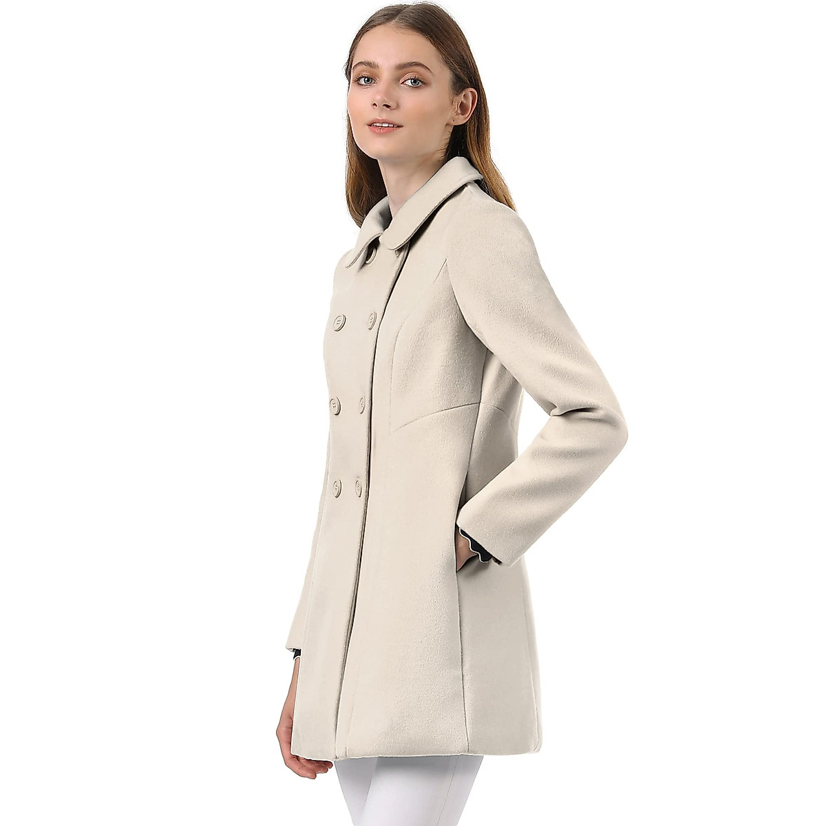 Allegra K Women's Peter Pan Collar Double Breasted Winter Long Trench Pea Coat Small Beige