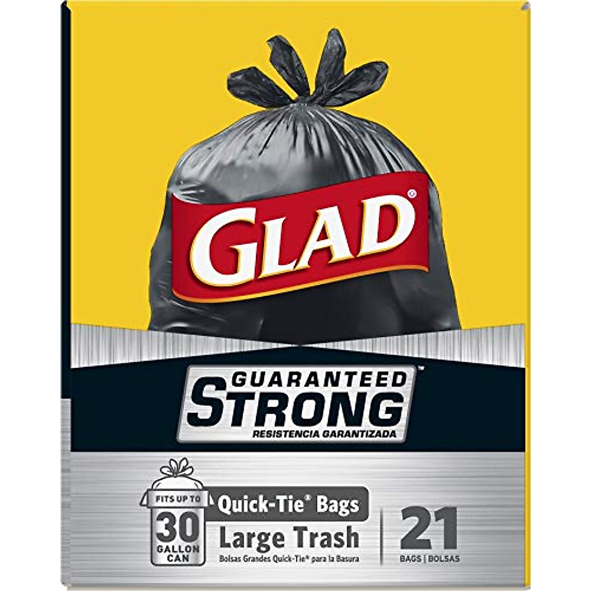 GLAD Strong Quick-Tie Large Trash Bags, 30 Gallon Bags for Large Kitchen Trash Can, 21 Count (Package May Vary)