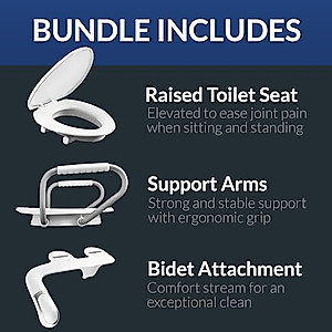 Bemis Assurance 3" Raised Toilet Seat with Handles and Bidet Attachment, Clean Shield Guard, Secure Hinges, Elongated, White
