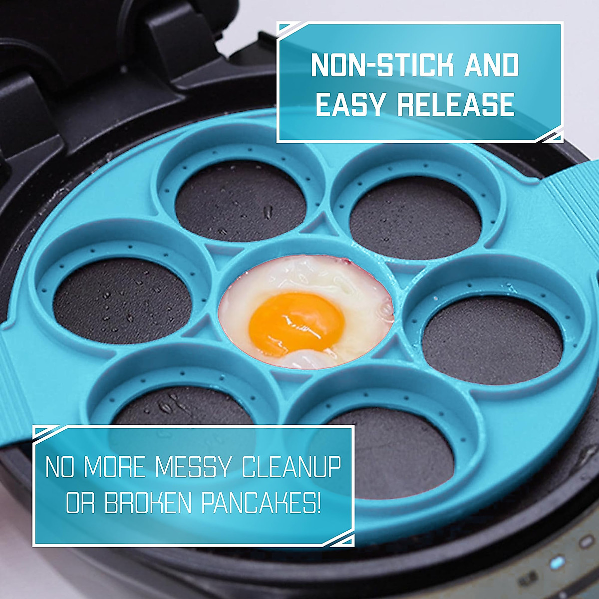 BIOPRONEXT Non Stick Pancake Maker - 7 Circles Mini Pancake Mold - Silicone Pancake Mold - Silicone Egg Rings for Griddle with Handles - Pancake Molds for Griddle Frying Eggs - Blue