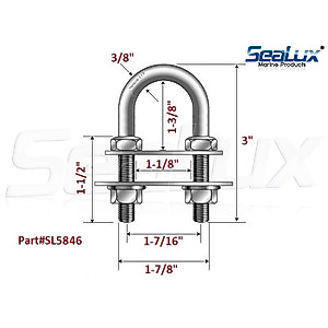 SeaLux Marine Boat Bow Eye Stern Eye U Bolt Tie Down 3/8" Stock, 3" Overall Length, 1-1/2" Thread Length with Hex Nuts and washers-SL7846