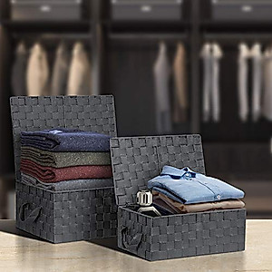 Sorbus Storage Box Woven Basket Bin Container Tote Cube Organizer Set Stackable Storage Basket Woven Strap Shelf Organizer Built-In Carry Handles (Woven Lid Baskets - Gray)