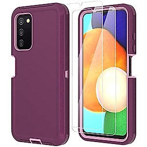 Qinmay for Samsung Galaxy A03S Case with HD Screen Protector [2 Packs], [Not Fit A02S] Shockproof Dustproof 3 in 1 Durable Phone Case, WineRed Pink