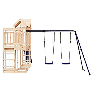 Loibinfen Outdoor Playset Solid Wood Pine,Garden Play Set with 1 Play Towers with Bridge,1 Wave Slide,1 Double Swing Set,Modern Outdoor Backyard Children's Climbing Wood Playground Playset,-4558