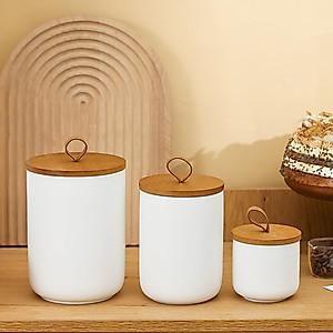 Jueison Ceramic Storage Jars, Modern Elegant Polished Airtight Gorgeous Storage Canisters with Wooden Lid Small Food Stroage Jar for Kitchen Spice Tea Vanilla Sugar Coffee Beans (3Pcs Suit White)