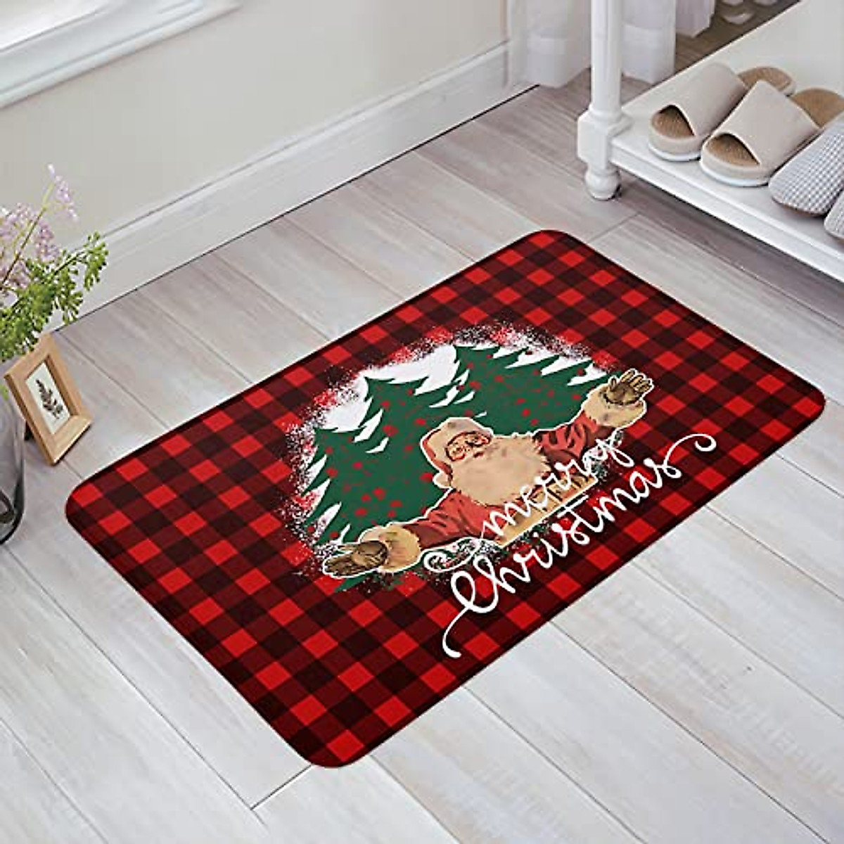 Christmas Bath Rugs Santa Claus Xmas Trees Sponge Doormat Absorbent Non Slip Backing Durable Soft Flannel Mat Red Black Buffalo Plaid Christmas Memory Foam Mats for Bathroom Kitchen 18 x 30 inches