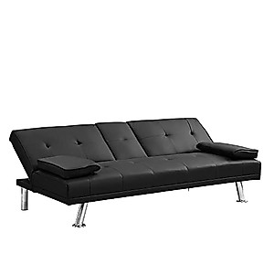 BMMB PU Leather Convertible Futon Sofa Bed Upholstered Modern Sleeper Couch with Detachable Armrests 2 Cup Holders Stainless Steel Legs, Suitable for Living Spaces, Apartments (Leather, Black)