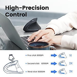 Perixx PERIMICE-813B Bluetooth Vertical Mouse - Wireless 3-in-1 Multi-Device Technology - Travelling Carry Bag - Black - Right Handed
