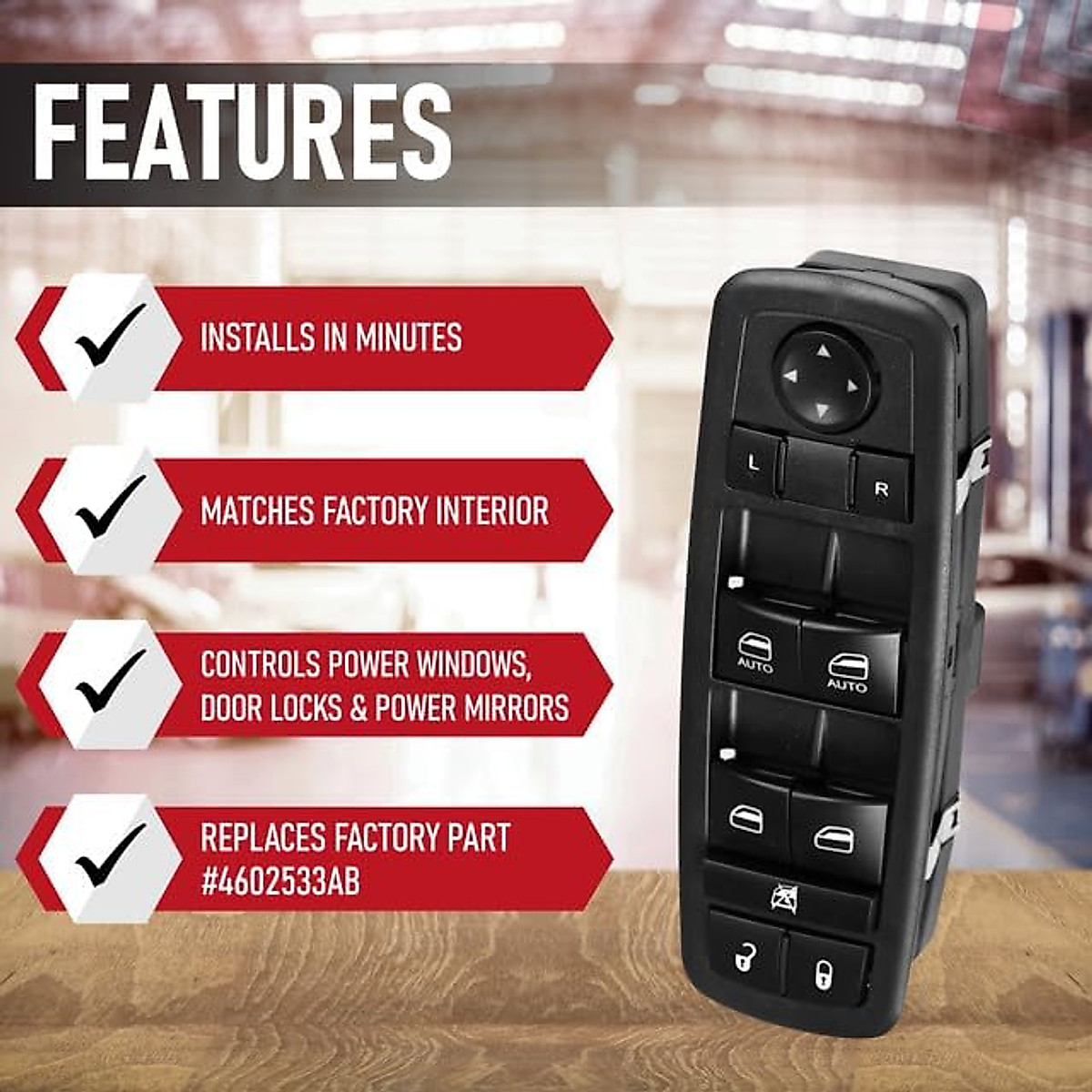 Driver Side Master Power Window Switch, Double Auto Button ONLY - Compatible with Chrysler, Dodge & Jeep, Ram, Grand Caravan, Journey, Liberty - Replaces 4602863AD, 4602870AD, 901-473, 4602863AB