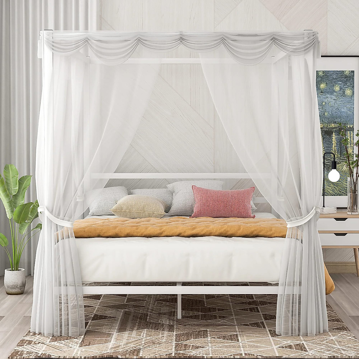 Metal Framed Canopy Platform Bed with Built-in Headboard,No Box Spring Needed, Classic Design, Queen,White