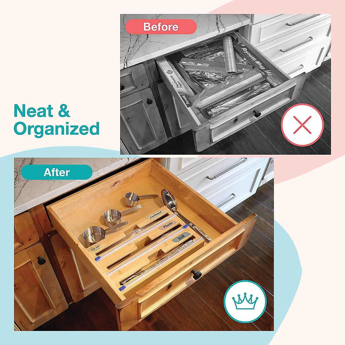 Neat Diva 4 + 3 Bundle includes a 4-in-1 Ziplock Bag Organizer plus a 3-in-1 Foil and Plastic Wrap Organizer, Drawer Organizer Ziplock Bags Foil, Zip Lock Bag Organizer, Ziplock Bag Organizer Drawer