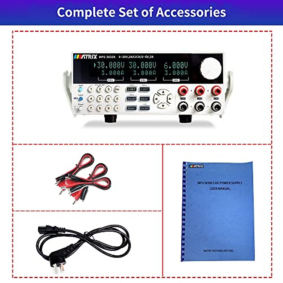 MATRIX MPS3033X Programmable Linear DC Bench Power Supply,3 Channel 0-30V/0-3A Adjustable，Single Channel 0-6V/0-3A Adjustable Regulated Output High Precision 1mV/1mA Resolution Low Ripple and Noise