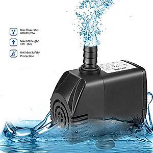 Winkeyes 800GPH Fountain Pump, 70W Outdoor Fountain Pump with Anti Dry Burning, Ultra Quiet Submersible Pond Pump with 10ft High Lift, 5.9ft Power Cord, 3 Nozzles, No Water Flow Adjustment (Black-70W)