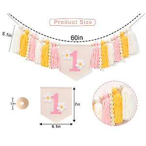 Daisy 1st Birthday Highchair Banner - Pink Yarn Tassel Banner,Girl's Pastel Cake smash Garland,Boho 1st birthday decor,Daisy Theme First Birthday Party Decoration,Pink 1st Birthday Cake Smash Backdrop