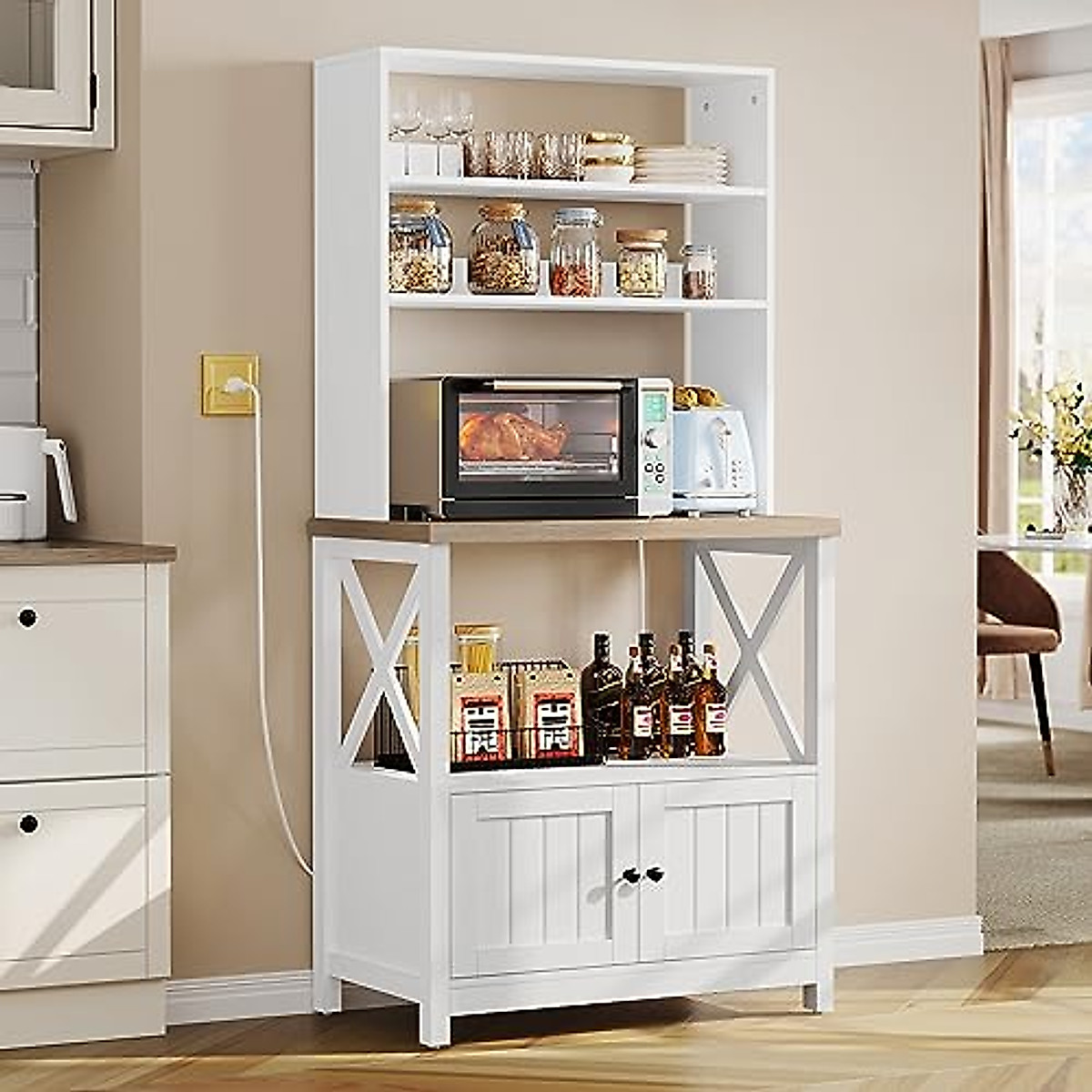 YITAHOME White Microwave Stand Bakers Rack Cabinet, Farmhouse Freestanding Small Kitchen Pantry Hutch Tall w Doors Power Outlet Thickened Counter, Coffee Bar Storage Shelves