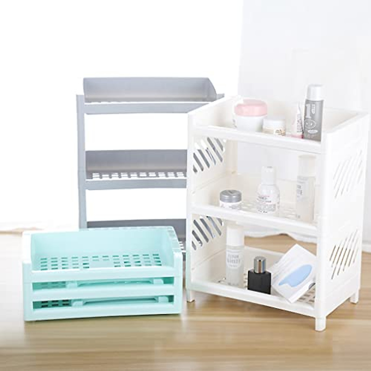 KSTZGTA 3 Hollow Out Plastic Shelf Foldable Desktop Storage Rack Countertop Cosmetic Holder Storage Tray Bathroom Kitchen Tabletop Organizer Kitchen Storage Shelf Rack Organizer, White