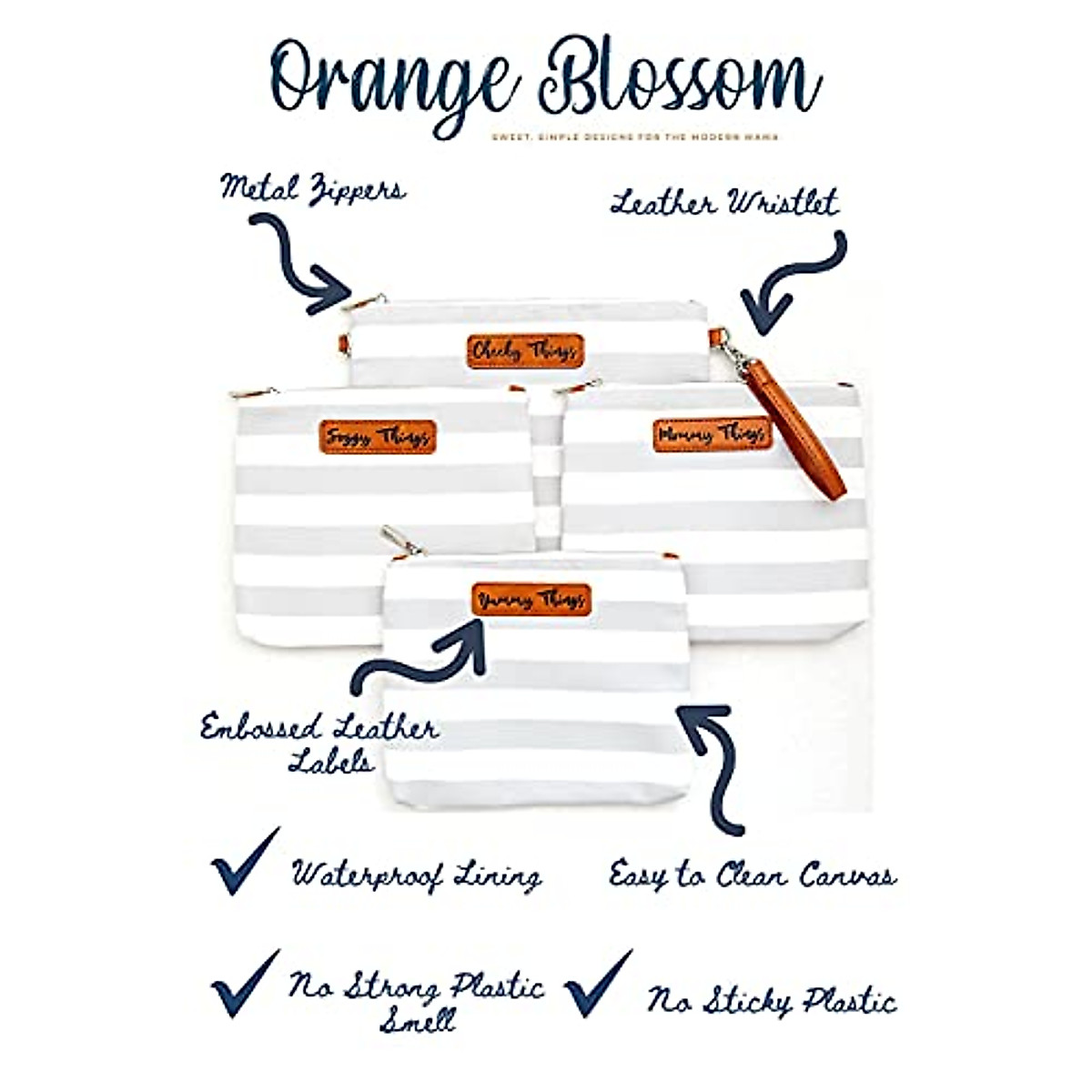 Stylish Diaper Bag Organizing Pouches - XL Set of 4 Gray and White Striped Canvas Diaper Bag Pouches with Leather Embossed Labels, Leather Wristlet Strap & Durable Metal Zippers