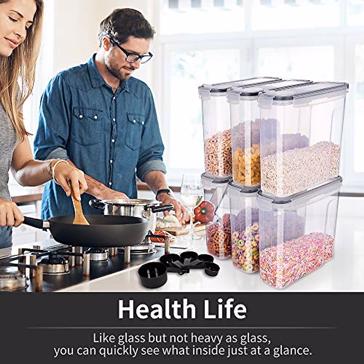 ME.FAN Cereal Storage Containers [6 Set] Airtight Food Storage Containers 2.5L(85.4oz) - Kitchen Storage Keeper with 5 Set Measuring Cups, 24 Chalkboard Labels & Pen (Black)