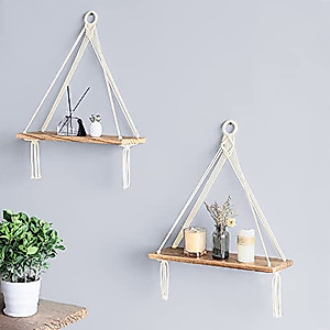 Dahey Macrame Hanging Shelf Boho Wall Decor, 2 Pack Rustic Wood Floating Shelves for Nursery Bedroom Bathroom Living Room Dorm Room, Storage Display Shelves for Hanging Plants Photos